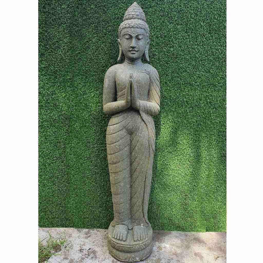 Stehende Buddha Statue mit Grussgeste grüner Lava Stein 152 cm | terra ...